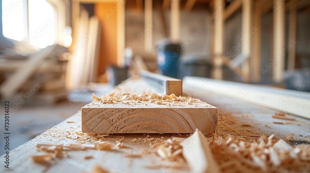 A detailed close-up of wood shavings on a carpentry workbench ...