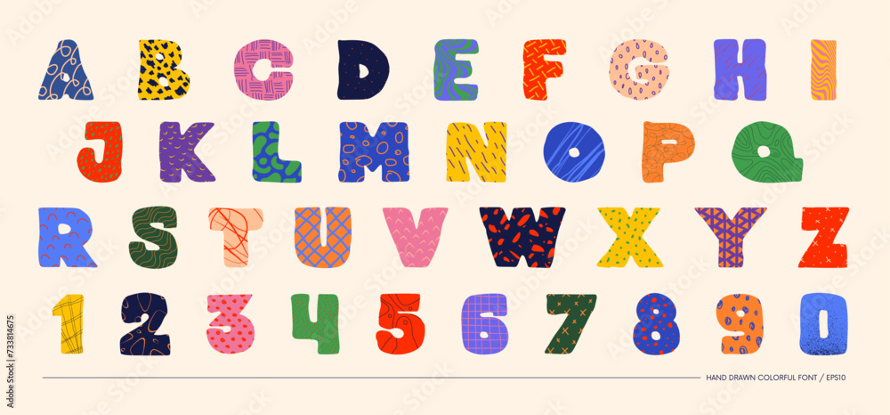 Hand drawn colorful bizarre alphabet thick font with different textures ...