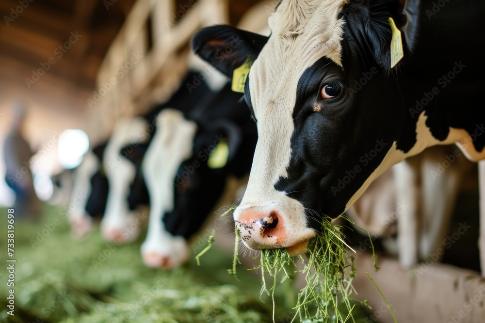 Healthy dairy cows being fed in cattle farm barn Stock Photo | Adobe Stock