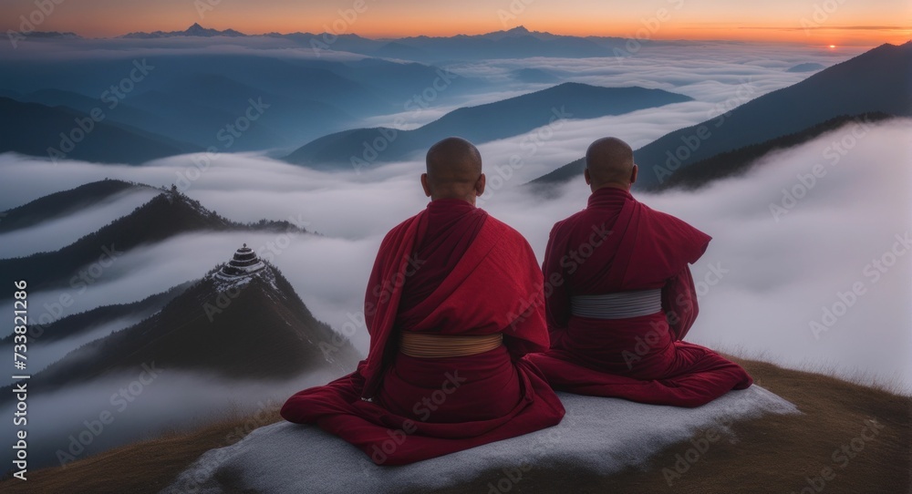 Monks in traditional clothing meditate in the lotus position on the ...