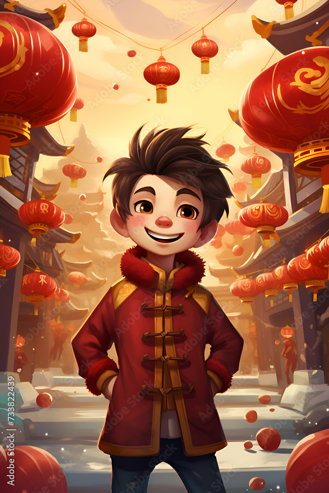 cartoon scene with happy boy in chinese temple illustration for ...