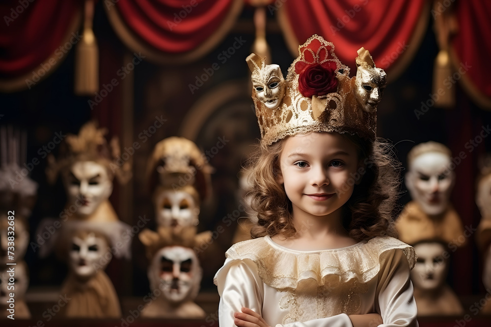 Cute little actress. Child girl in princess costume on stage in theater ...