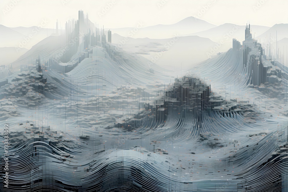 AI generated illustration of a computer-generated landscape of a series ...