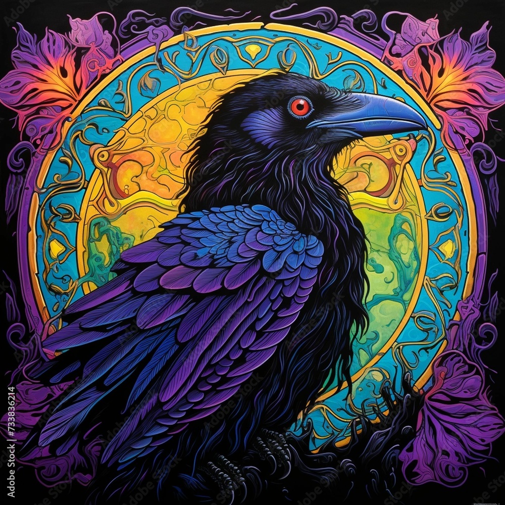 AI generated illustration of a black crow on a mandala-inspired ...