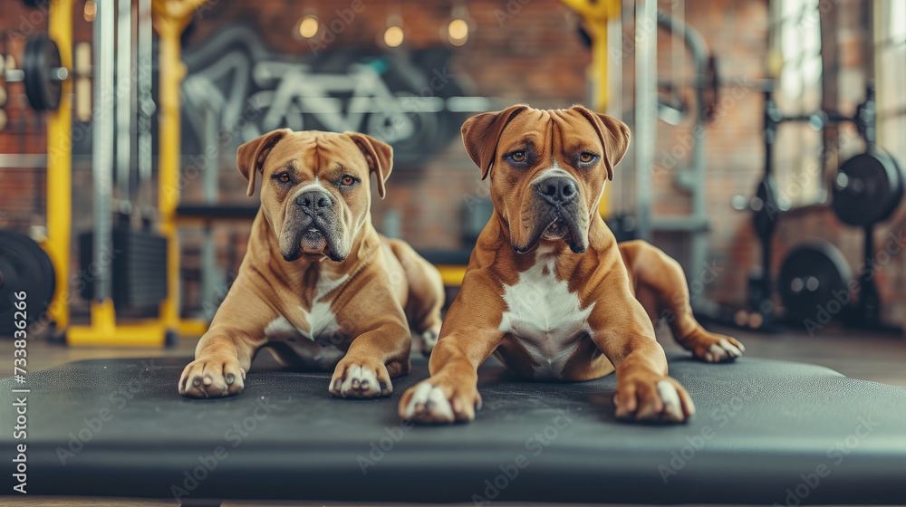 Two dogs at the gym. Two dogs durig dog fitness trainig. Gymnastics ...
