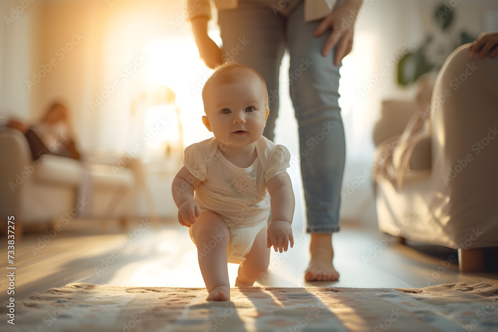 Baby's first steps. Loving mother supporting her baby's first steps ...
