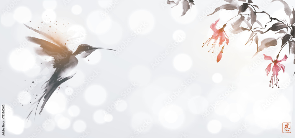 Ink wash painting of fuchsia flowers and hummingbird in flight in black ...