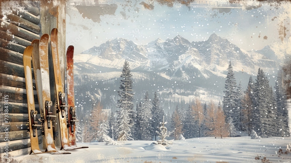 A picturesque Vintage winter ski poster displaying vintage wooden skis ...