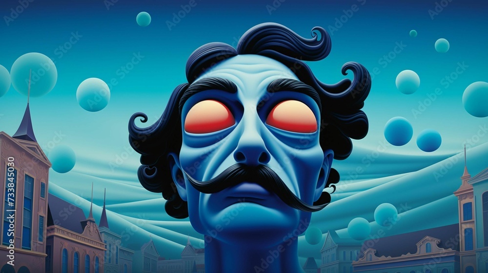 Surreal portrait of a strange blue-faced man with big red eyes and a ...