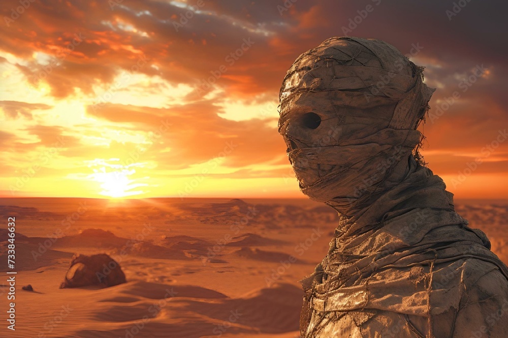 AI-generated illustration of a mummy pictured in a desert at sunset ...
