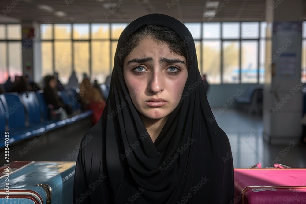 Life of the girl at an airport. A young girl dressed in hijab waiting ...