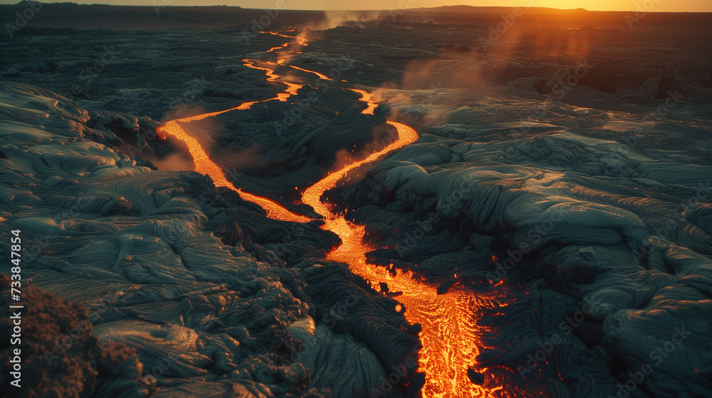 Twilight over Volcanic Terrain - Aerial View of a Fiery Magma River ...
