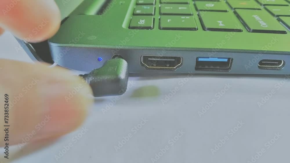 Plug in power cable to a notebook laptop pc Stock Video | Adobe Stock