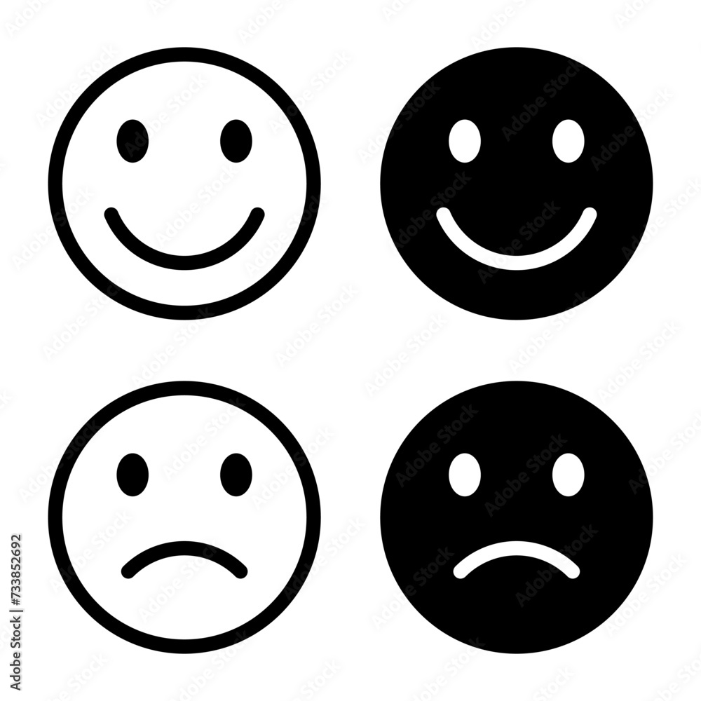 Happy and sad face emoticon icon vector. Smile and unhappy emoji sign ...