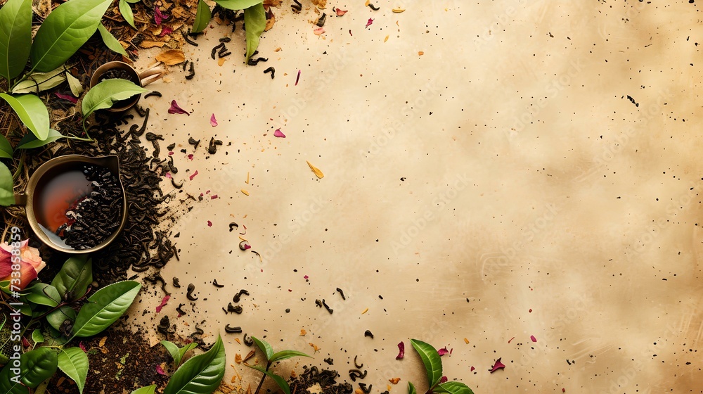 Vintage paper background with tea leaves and teacup for gourmet and ...