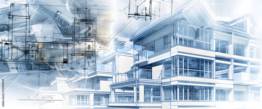 Illustration of modern houses and building plans with drawings ...