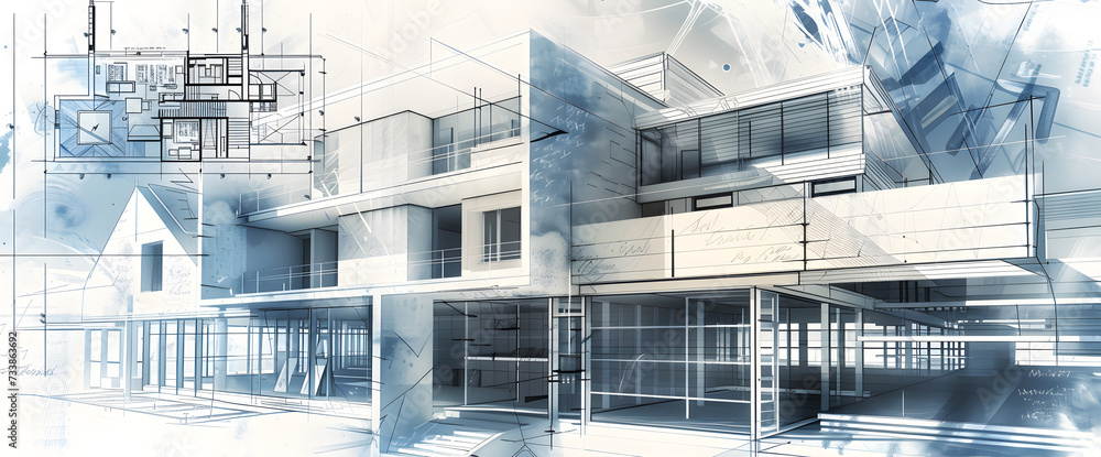 Illustration of modern houses and building plans with drawings ...