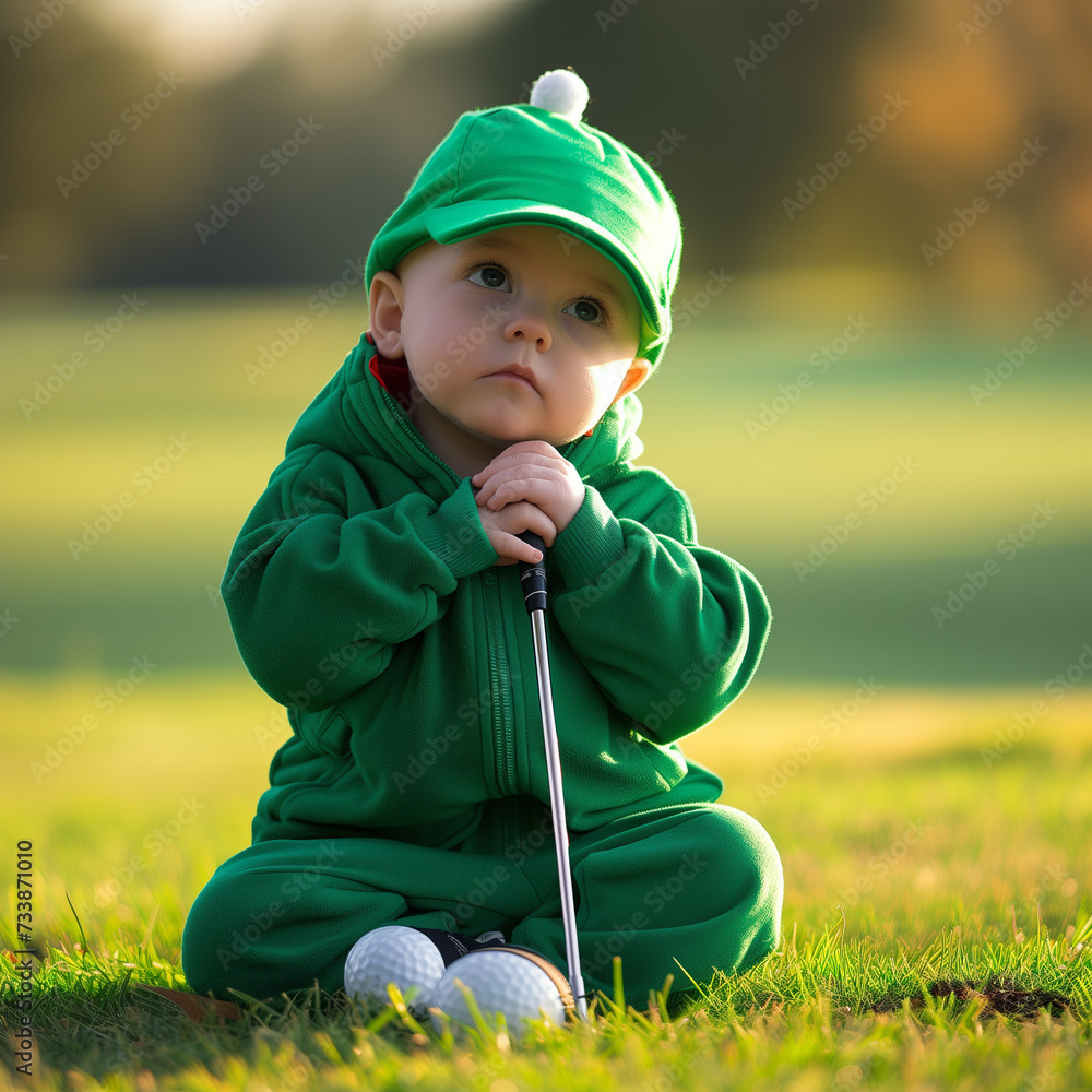 Baby dressed as professional golfer on the field, holding the golf club ...