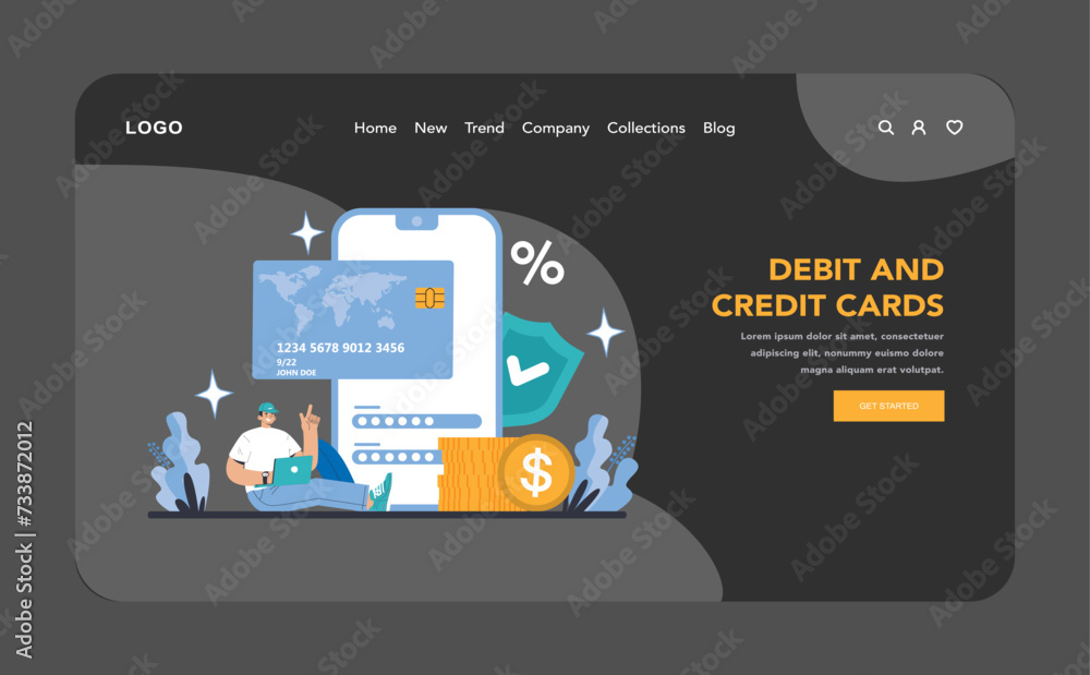 Debit and Credit Cards night or dark mode web or landing page ...