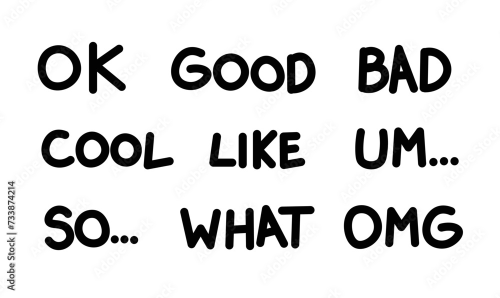 Reaction stickers icons. Ok, Good, Bag, Cool, Like, Um, So, What, Omg ...