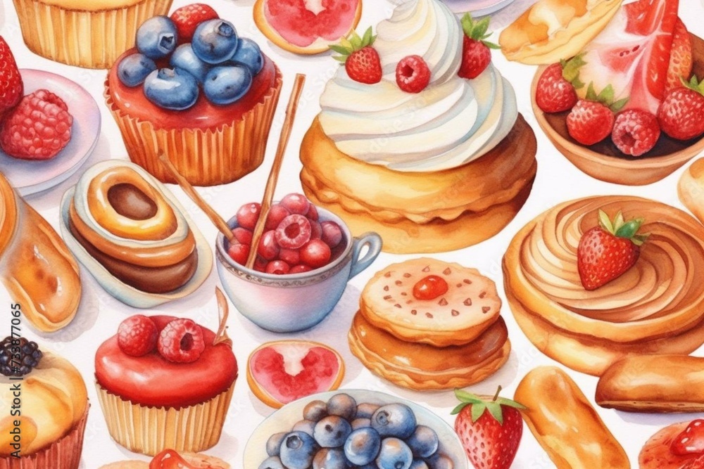 Watercolor desserts and pastries pattern for packaging and decoration ...