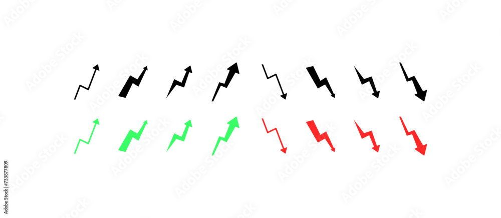 Up and down arrow icons. Different styles, green and red, up and down ...