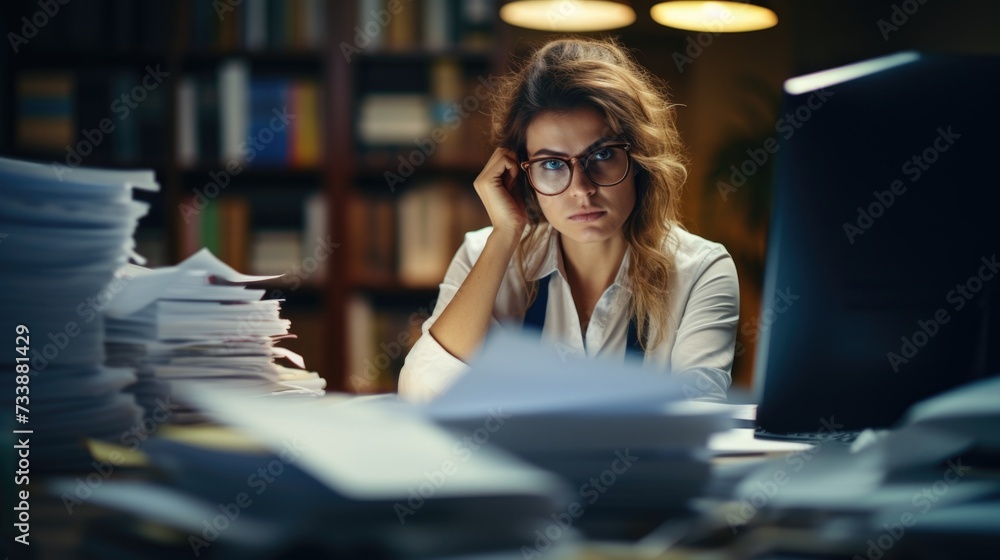 Overworked woman going through Too much paperwork staying in late at ...