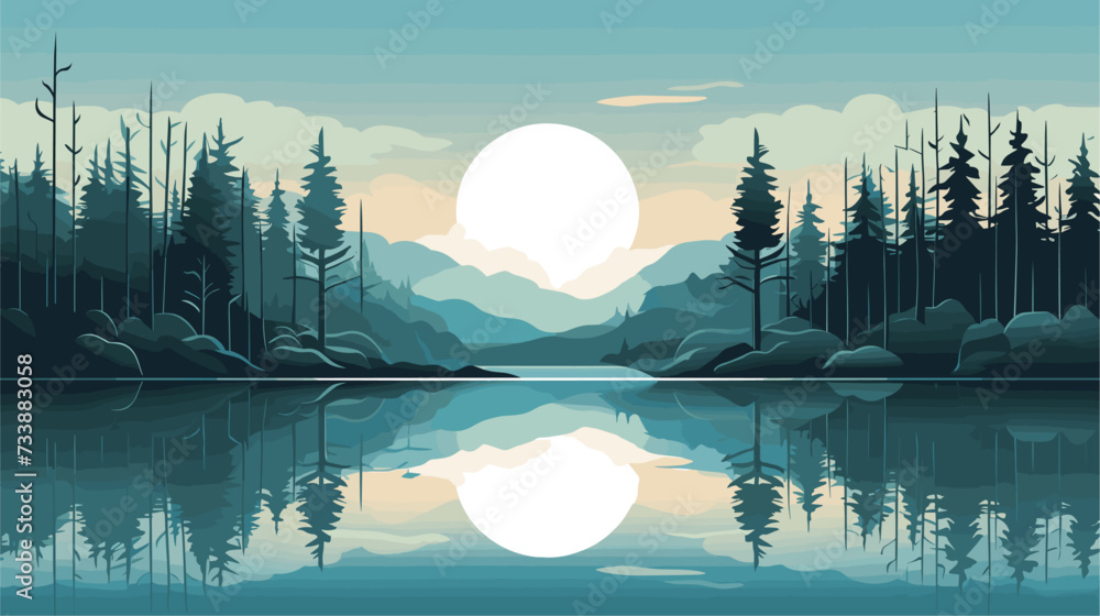 Peaceful riverside forest scene with a mirrored reflection in the water ...