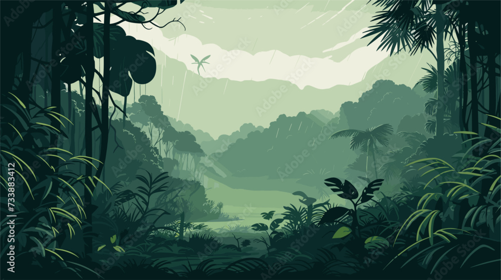 Tropical rainforest in the midst of a gentle rain portraying the life ...