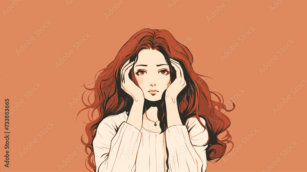 Moody graphic of a woman with a thoughtful expression and hands on head ...
