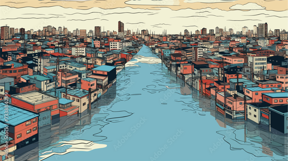 Illustration of a flooded cityscape from a bird's-eye view showcasing ...