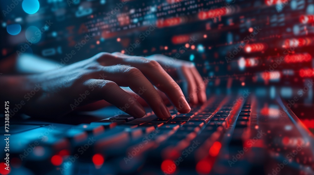 A shadowy figure of a hacker with a hoodie sits in a dark room, typing malicious code on a ...