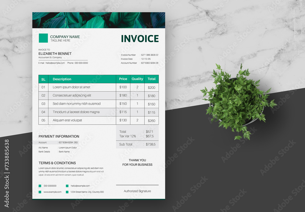 Grey and Green Natural Invoice Stock Template | Adobe Stock