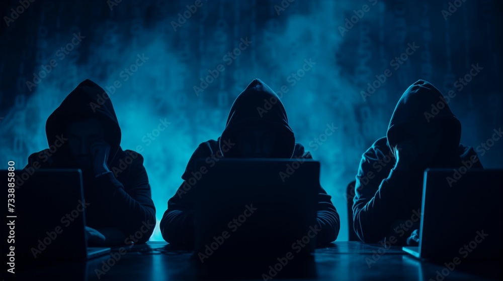 Shadowy silhouettes of cybercriminals at work, representing hackers and ...