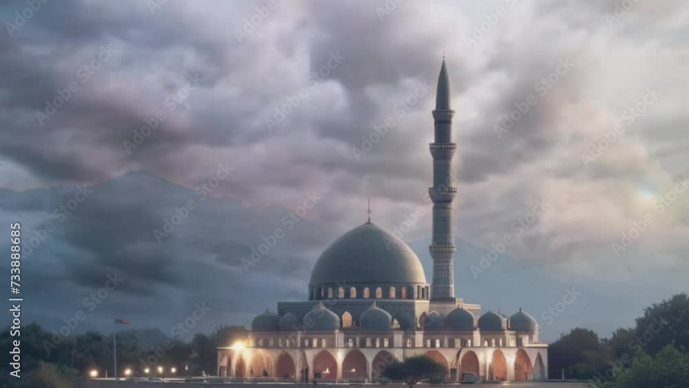 Mosque building at night with eccentric magic clouds move smoothly ...