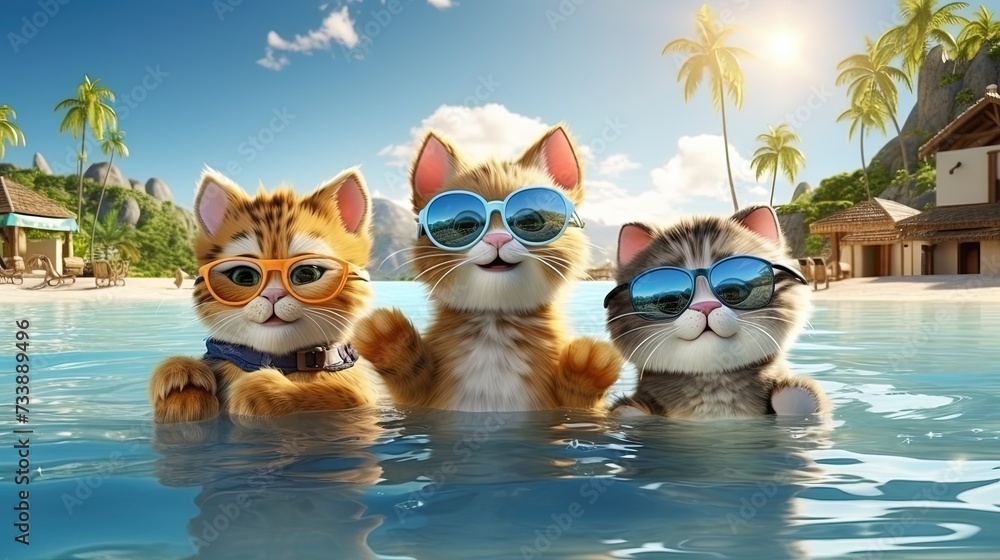 Cats swim in an outdoor pool at Tropical hotel resort, leisure and ...