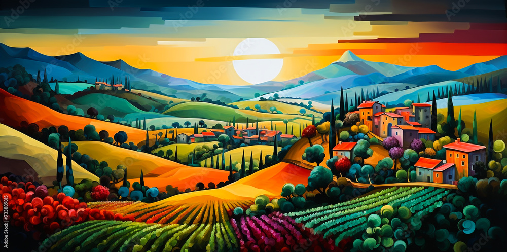 European landscape painting Landmark drawing with buildings colorful ...