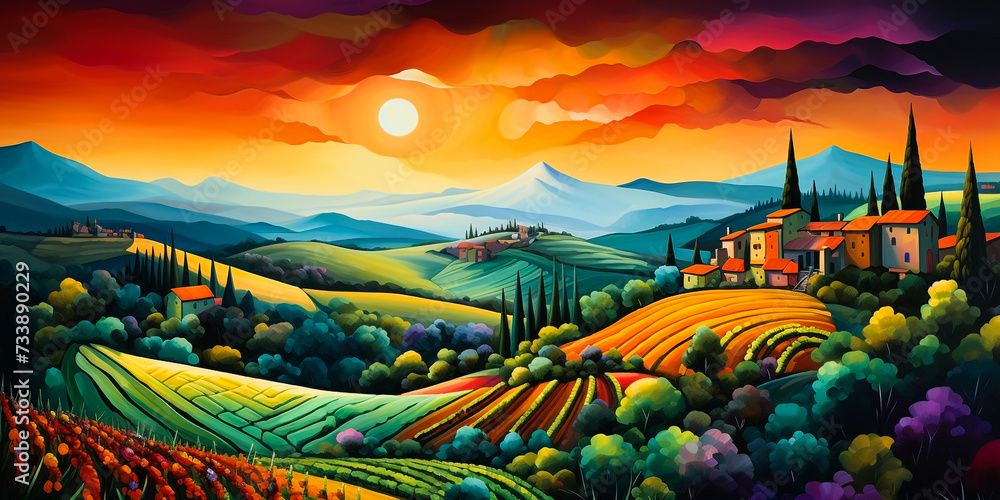 European landscape painting Landmark drawing with buildings colorful ...