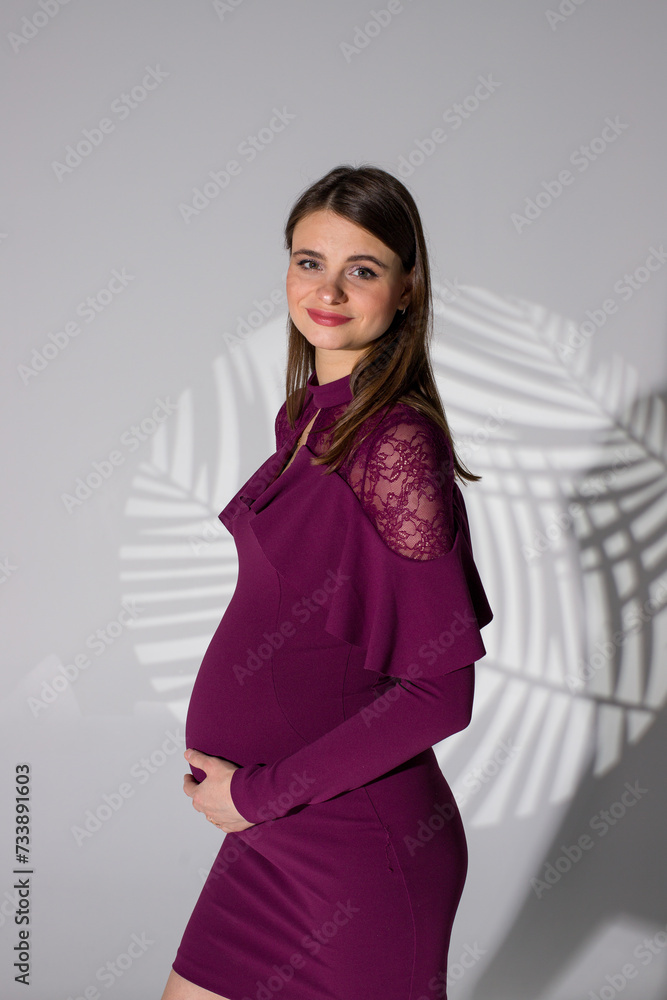 pregnant model posing in studio on a grey background, fashion pregnancy ...