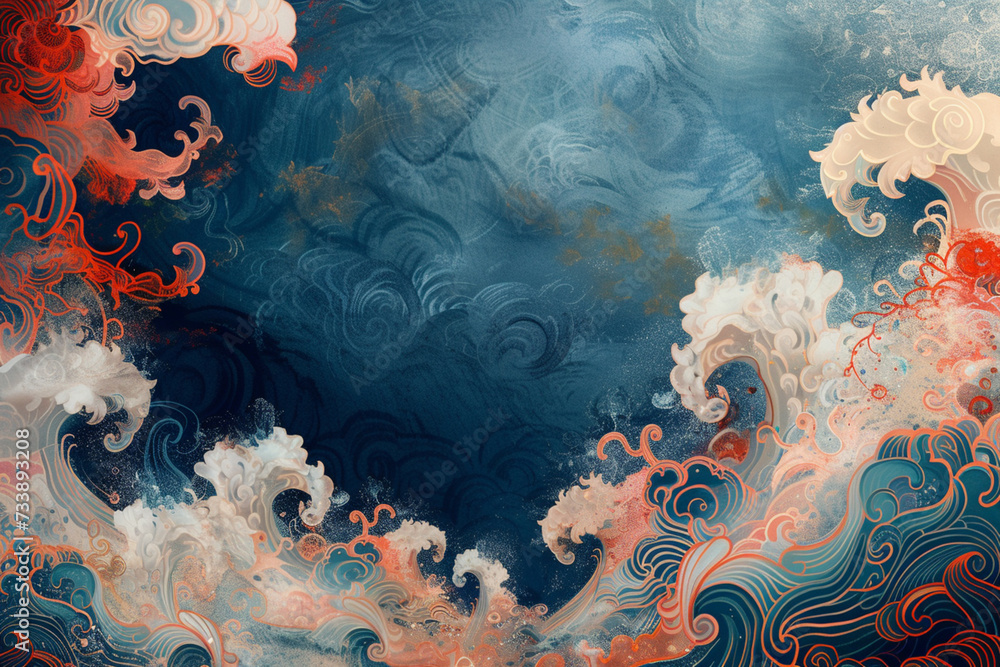 The corner of an image bursting with detailed Ukiyo-e inspired waves ...