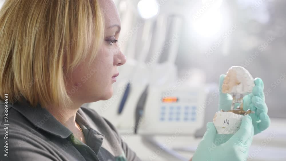 Female dental technician looking at plaster cast of jaws while making ...