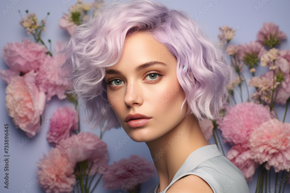 Beautiful young woman with short pastel violet hair in front of studio ...