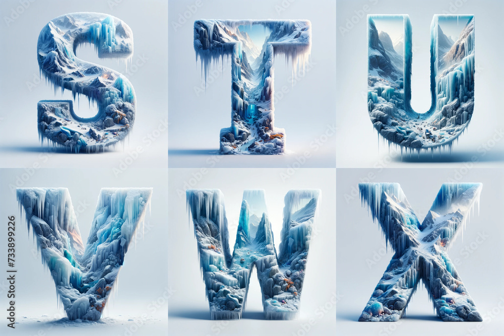 The letters A through Z, each formed from a beautifully crafted 3D ice ...