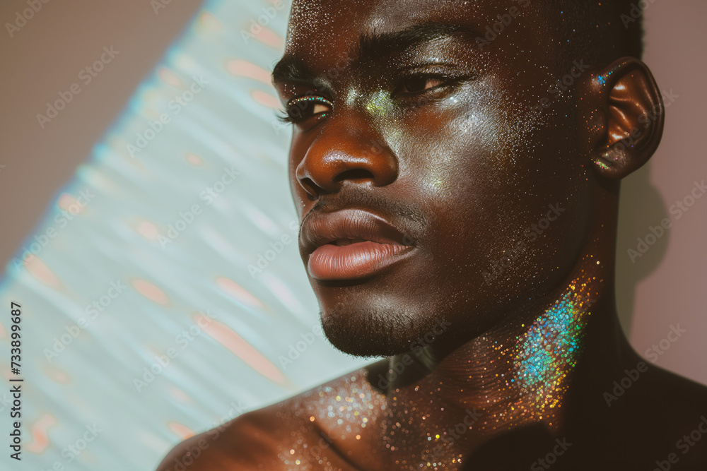 African american gay man with sparkling glitter on the face studio ...