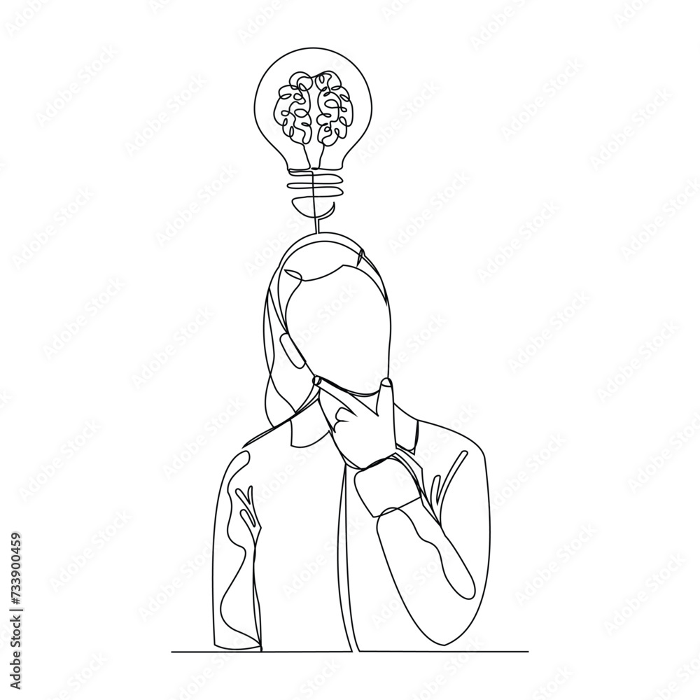 Vetor de Continuous Single line sketch drawing of thinking woman and ...
