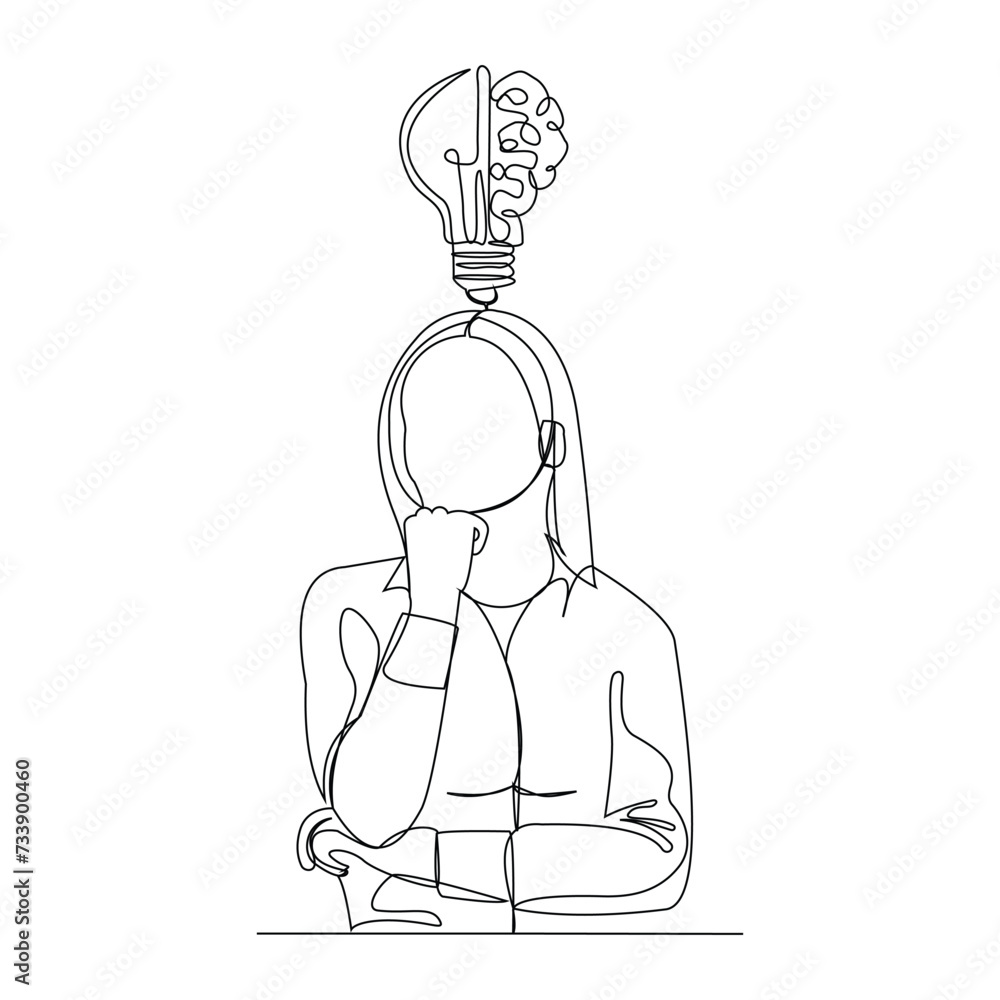 Continuous Single line sketch drawing of thinking woman and brain bulb ...