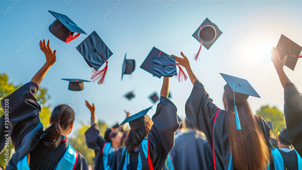 Joyful graduates throwing their hats under the sunny sky. Young people ...