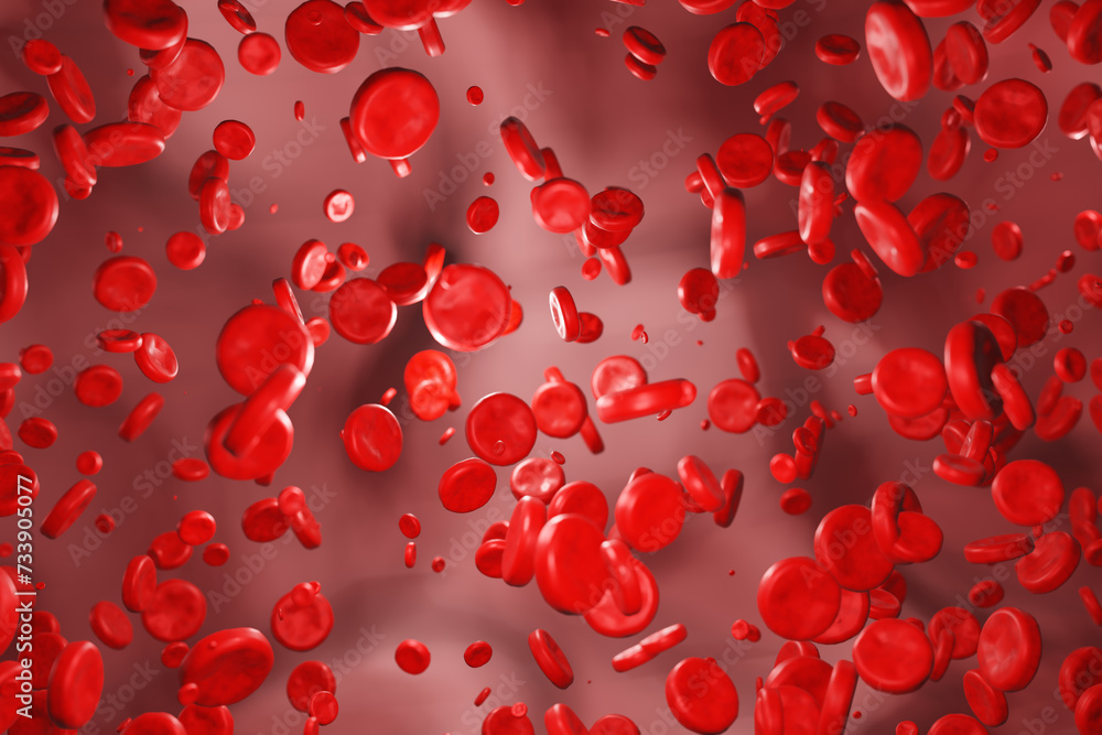 Blood cells flowing through the vein. Hemoglobin, corpuscle ...