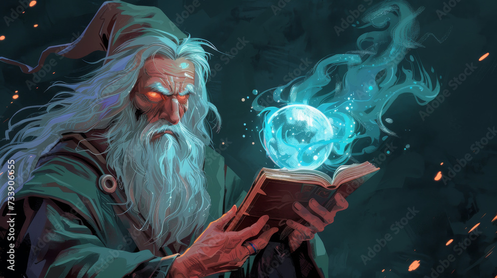 a drawing illustration of a old ice magic wizard man with long grey ...