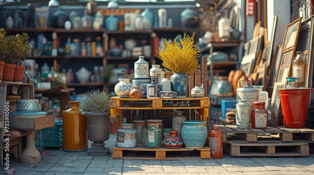 Vintage Market Display of Ceramics and Pottery, Second hand old ...